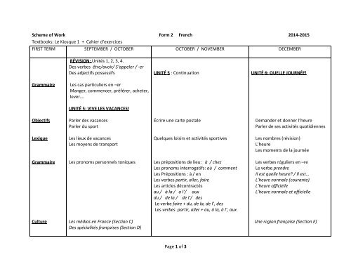 Scheme of Work Form 2 French 2012-2013 Textbooks: Le Kiosque 1 ...