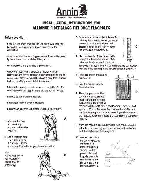 installation instructions for alliance fiberglass tilt base flagpoles