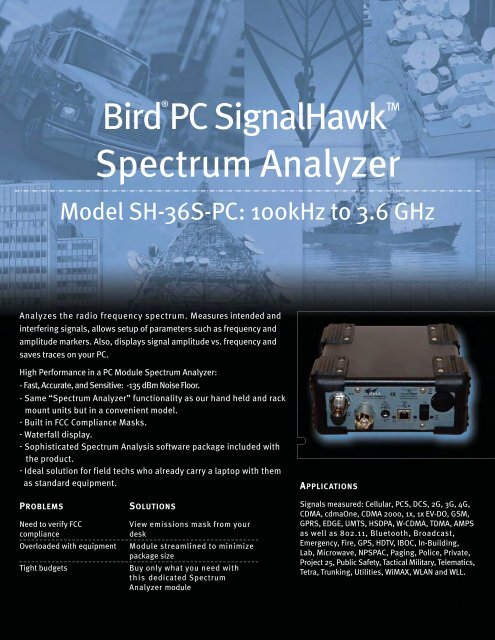 Bird PC SignalHawk TM Spectrum Analyzer