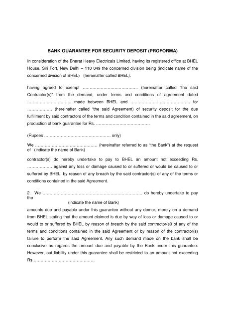 BANK GUARANTEE FOR SECURITY DEPOSIT (PROFORMA)