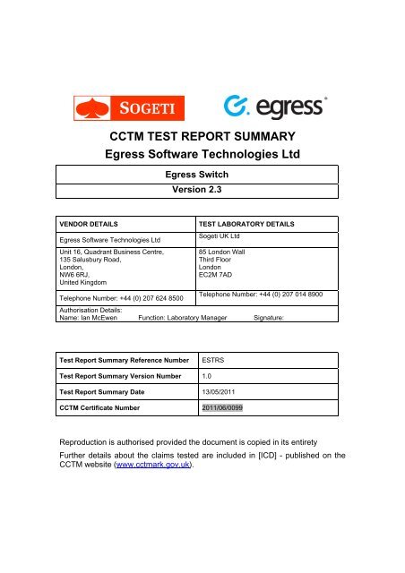 CCTM Test Report Summary Egress Software Technologies ... - CESG