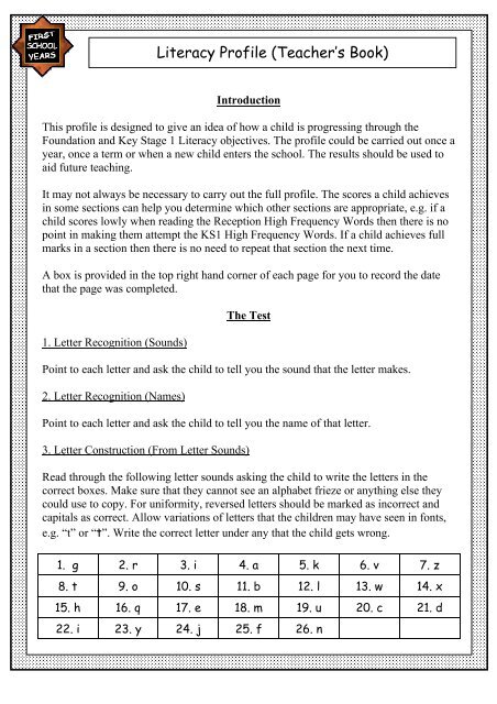 Literacy Profile (Teacher's Pack) - First School Years