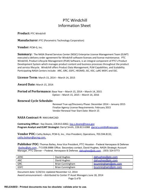 NSSC ELMT PTC Windchill Contract Information Sheet - NASA
