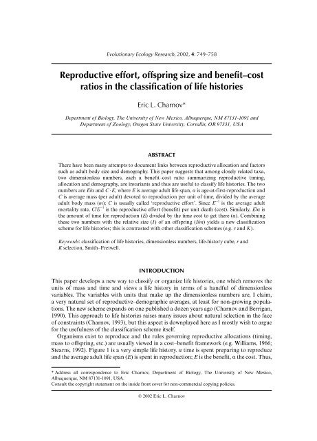 Reproductive effort, offspring size and benefit–cost ratios in the ...