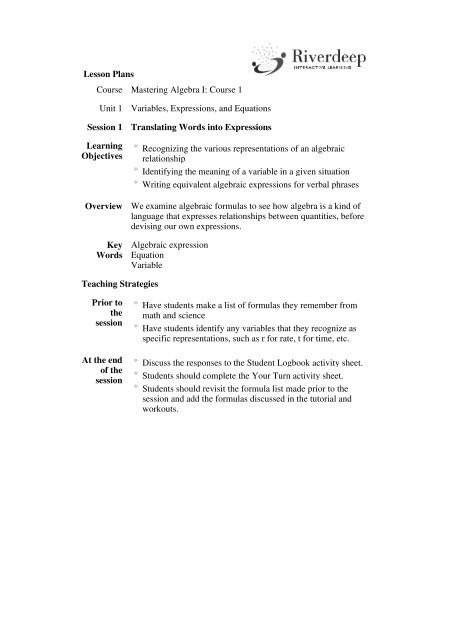 Lesson Plans Course Mastering Algebra I: Course 1 Unit 1 ...