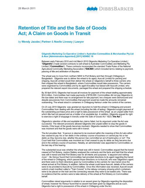 Retention of Title and the Sale of Goods Act; A Claim ... - DibbsBarker
