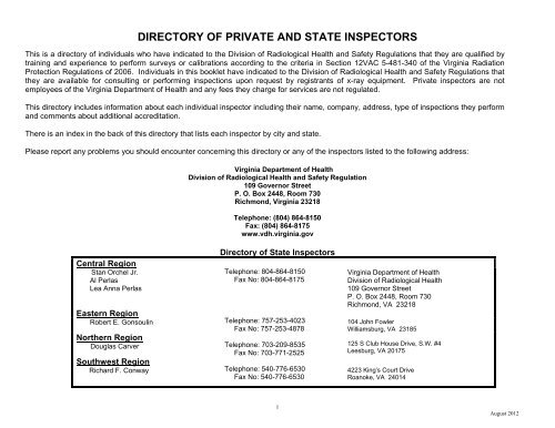 Directory of Private Inspectors - Virginia Department of Health