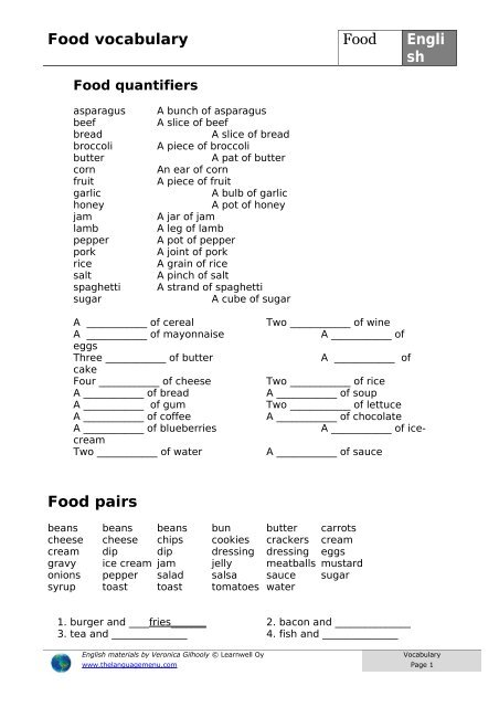 Food vocabulary Food Engli sh Food pairs - babeltic