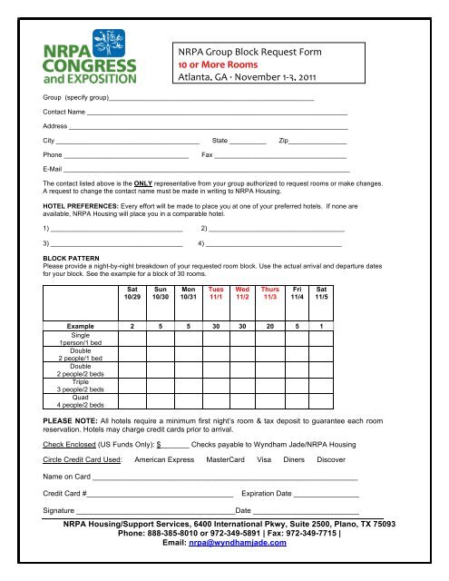 NRPA Group Block Request Form 10 or More Rooms Atlanta, GA ...