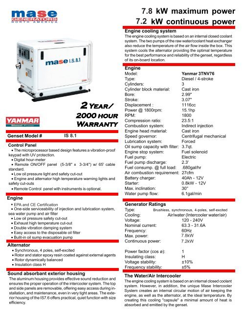 Specifications/Product Brochure - Mase Generators of North America