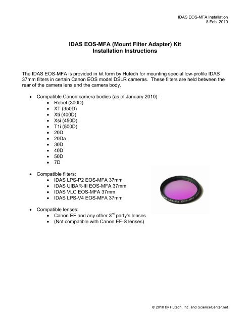 IDAS EOS-MFA (Mount Filter Adapter) Kit ... - Sciencecenter.net