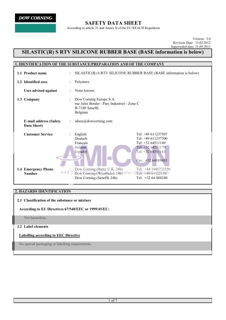 SAFETY DATA SHEET SILASTIC(R) S RTV SILICONE ... - AMI-CON