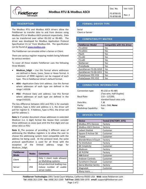 Modbus RTU & Modbus ASCII - FieldServer Technologies