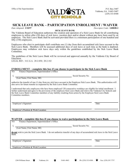 sick leave bank - Valdosta City Schools