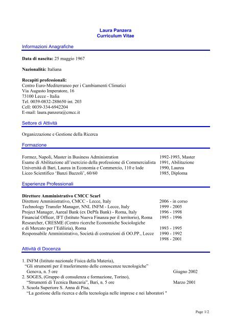 Laura Panzera Curriculum Vitae Informazioni Anagrafiche ... - CMCC