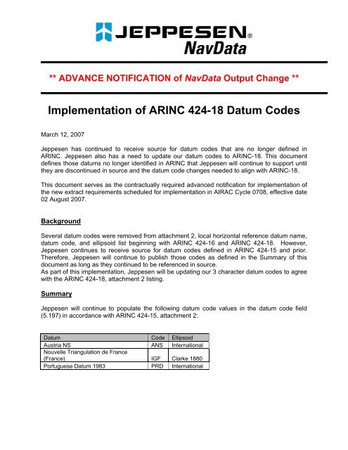 Implementation of ARINC 424-18 Datum Codes