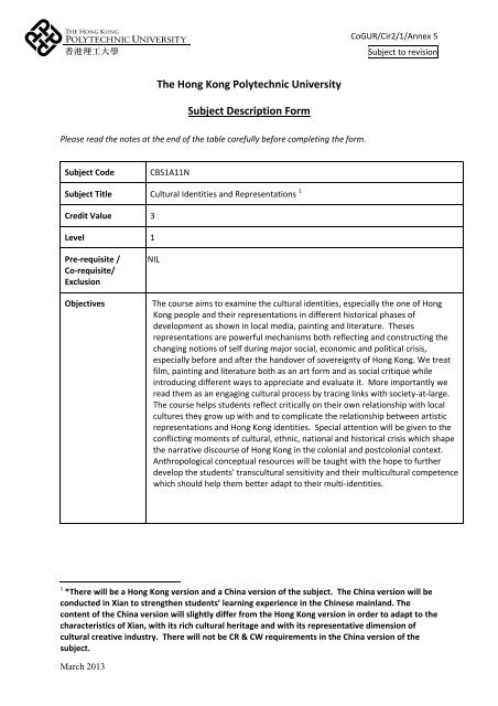 The Hong Kong Polytechnic University Subject Description Form