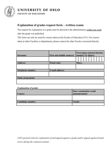 Explanation of grades request form â written exams