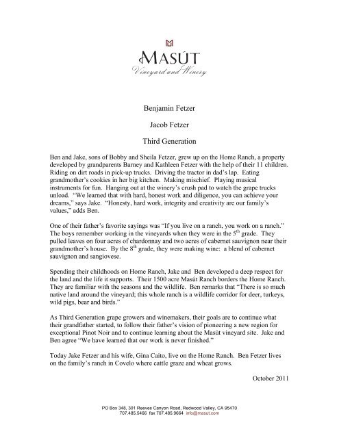 Benjamin Fetzer Jacob Fetzer Third Generation - Masut Vineyards ...