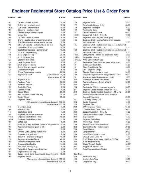 Engineer Regimental Store Catalog Price List & Order Form