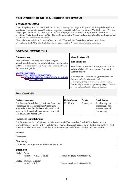 Fear Avoidance Belief Questionnaire (FABQ) - FOMT