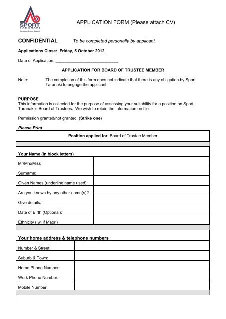 APPLICATION FORM (Please attach CV ... - Sport Taranaki