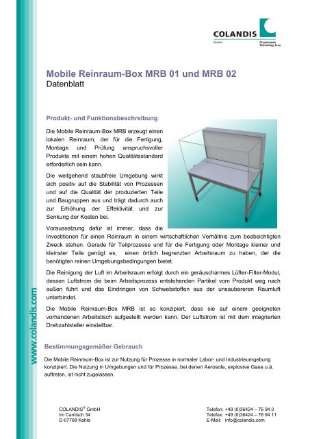 Mobile Reinraum-Box MRB 01 und MRB 02 - COLANDIS GmbH