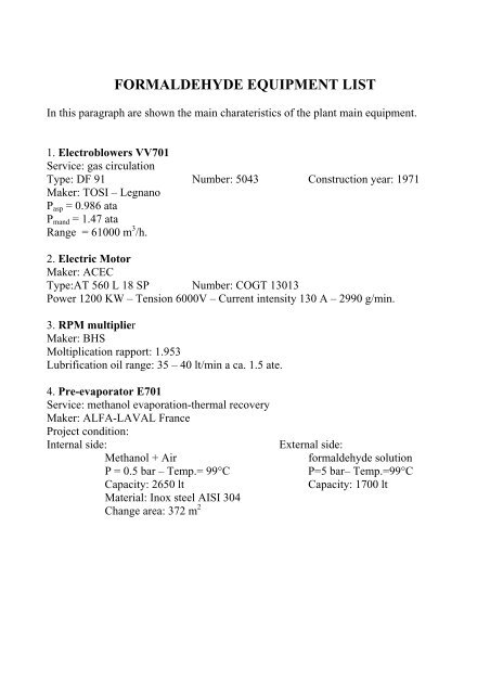 FORMALDEHYDE EQUIPMENT LIST - ippe.com