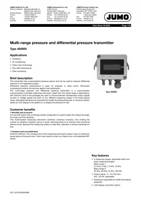 Multi-range pressure and differential pressure transmitter - Jumo