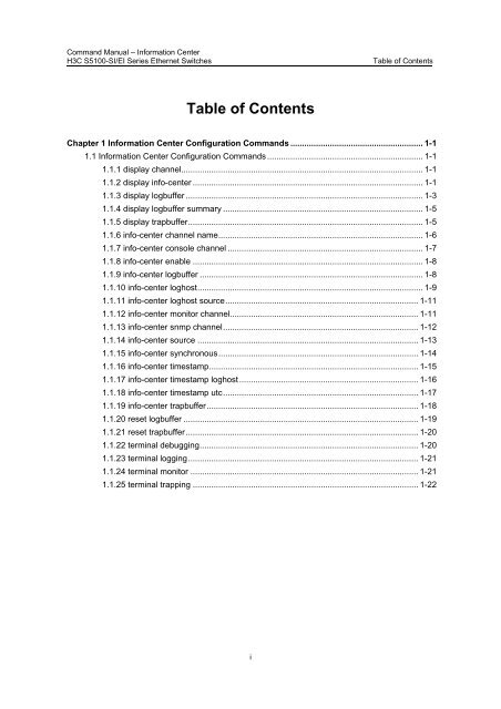 Chapter 1 Information Center Configuration Commands 1.1 ... - H3c