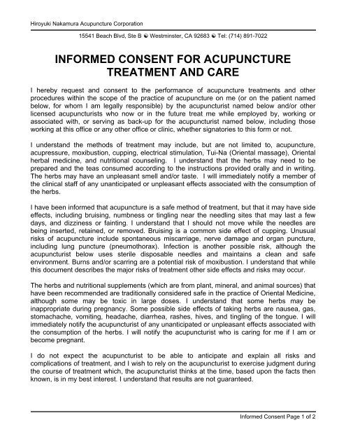 informed consent for acupuncture treatment and care