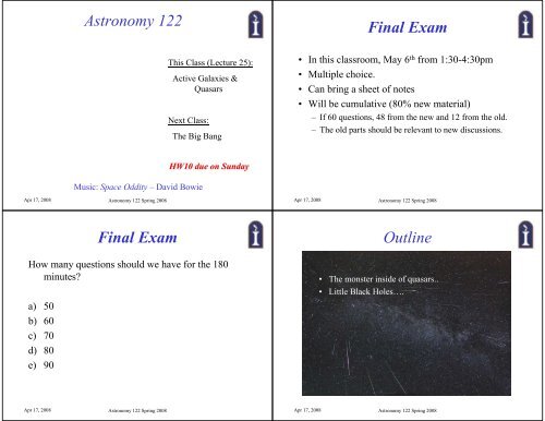 Astronomy 122 Final Exam Final Exam Outline