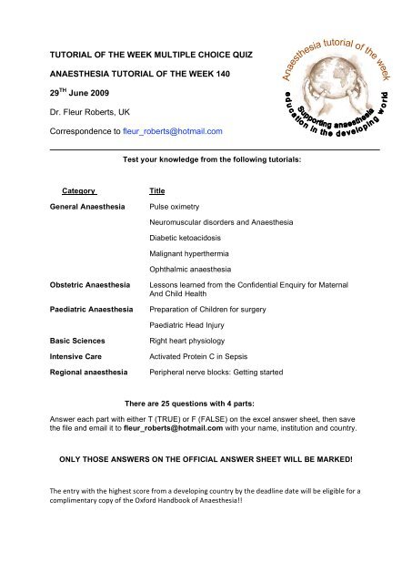 140 ATOTW Quiz June 2009 - Anaesthesia Tutorial of the Week