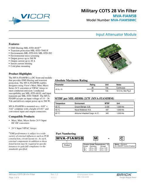 Data Sheet MVA-FIAM5B Military COTS 28 Vin Filter Input ... - Vicor