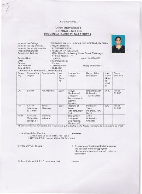 ANNEXURE - II ANNA UNIVERSITY CHENNAI - 600 025 ...