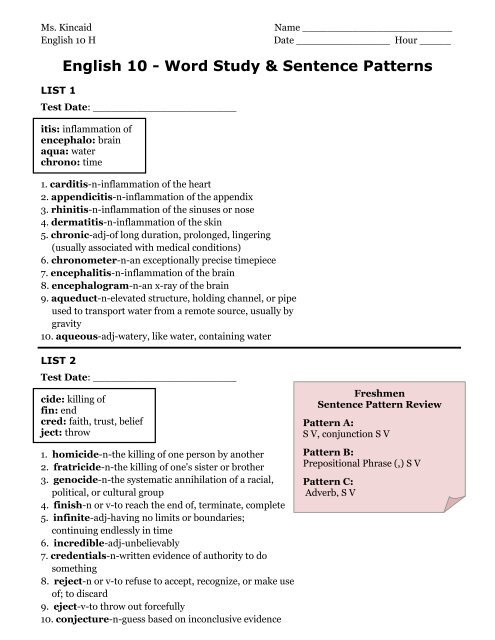 English 10 - Word Study & Sentence Patterns