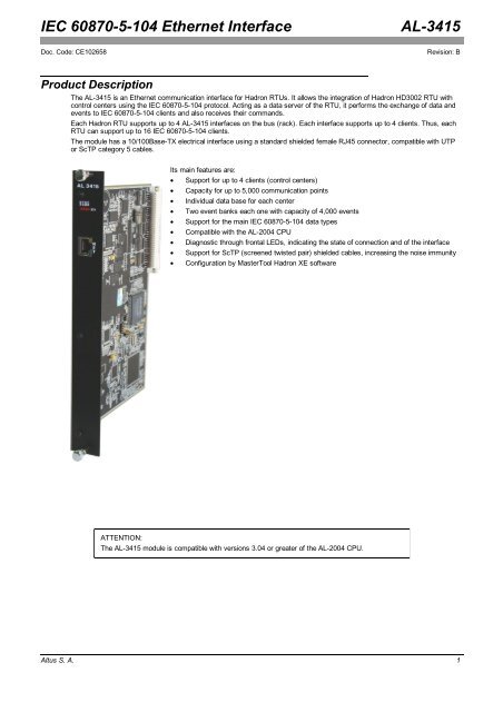 IEC 60870-5-104 Ethernet Interface AL-3415 - Altus