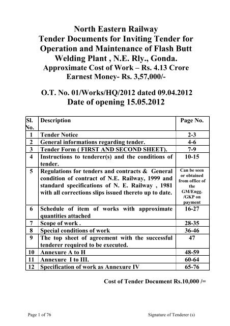 North Eastern Railway Tender Documents for Inviting Tender for ...