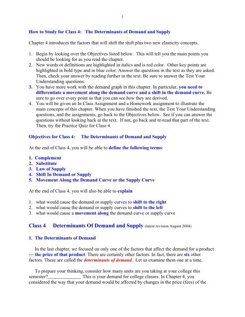 Class 4 Determinants Of Demand and Supply - Palomar College