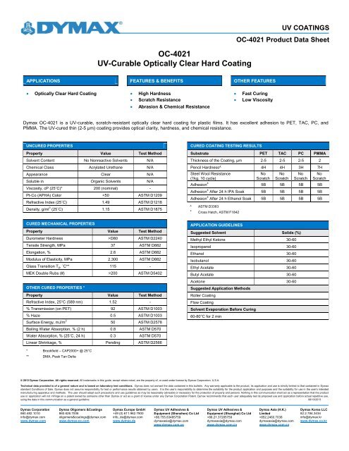 Dymax OC-4021 UV Coating Product Data Sheet - Dymax Corporation
