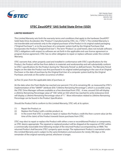 STEC ZeusIOPSÂ® SAS Solid State Drive (SSD) - sTec, Inc