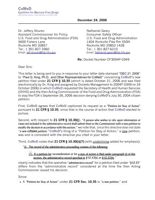 CoMeD Response to FDA Letter Date-Stamped 'DEC 21 2006 ...