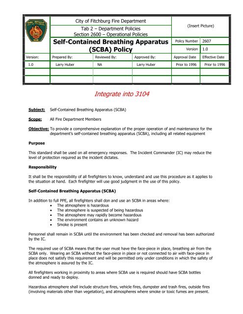 Self Contained Breathing Apparatus (SCBA) Policy - City of Fitchburg