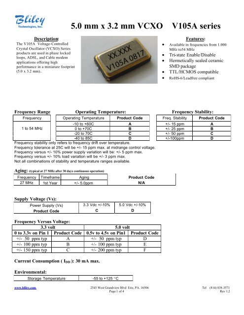 5.0 mm x 3.2 mm VCXO V105A series - Bliley Technologies