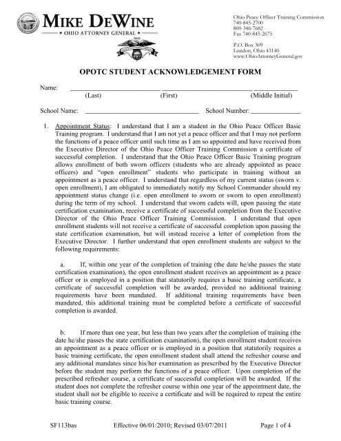 OPOTA Student Acknowledgement Form