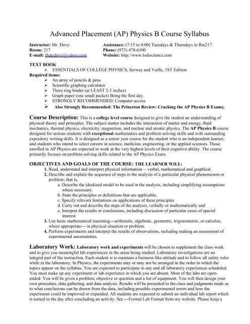 Advanced Placement (AP) Physics B Course Syllabus