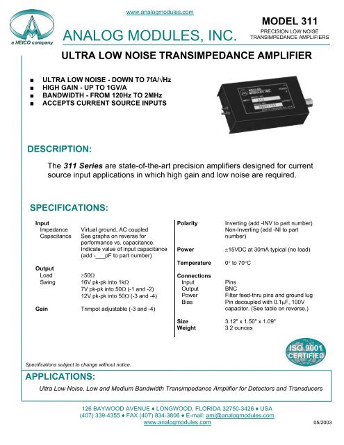 Precision Low Noise Transimpedance Amplifier - Analog Modules, Inc.