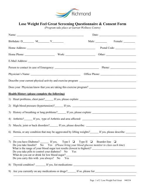 Lose Weight Feel Great Screening Questionnaire ... - City of Richmond
