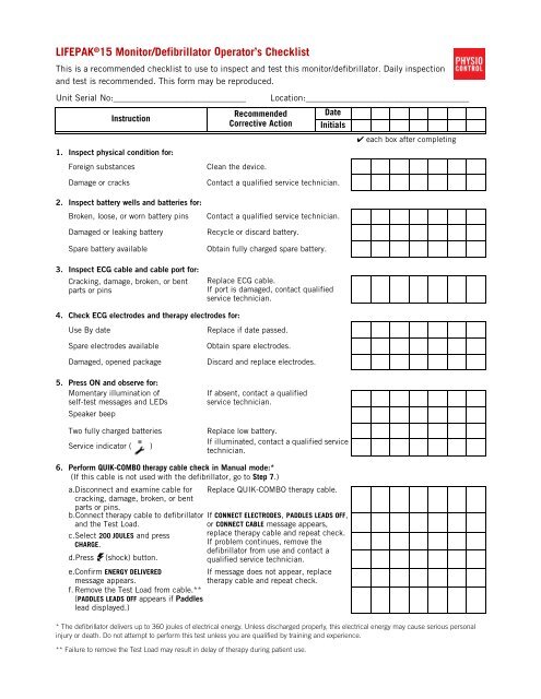 LIFEPAK®15 Monitor/Defibrillator Operator's Checklist