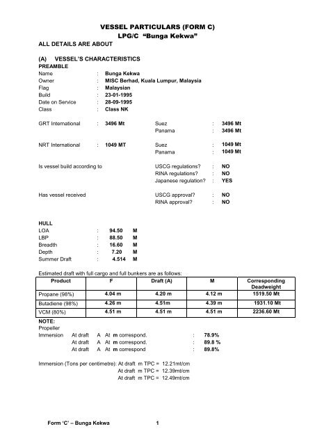 VESSEL PARTICULARS (FORM C) - Petredec